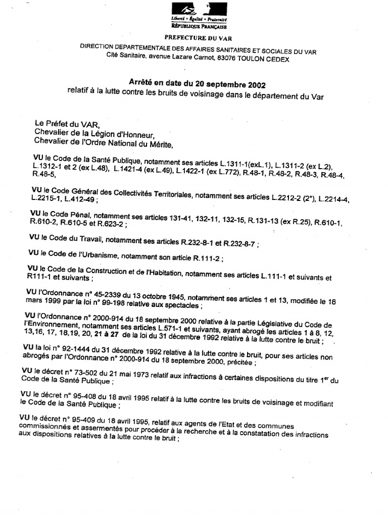 Arrete Du 20-09-02 Bruits de Voisinage VAR | PDF