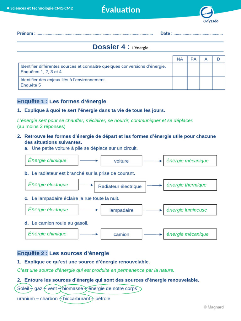 Évaluation sur l'énergie CM1-CM2 | PDF | Énergie renouvelable ...