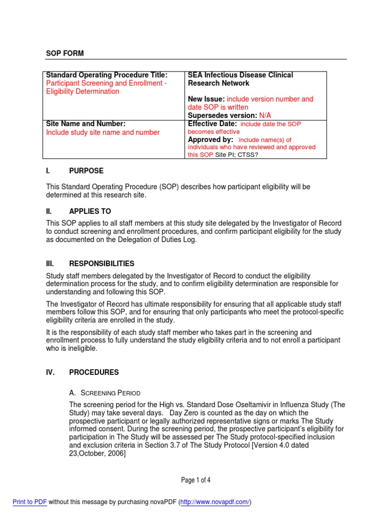 SOP for Participant Eligibility in Study | PDF