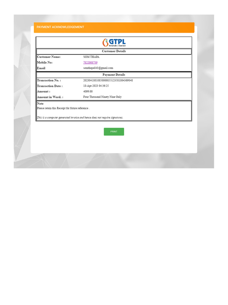 GTPL Quick Renew Payment Receipt | PDF