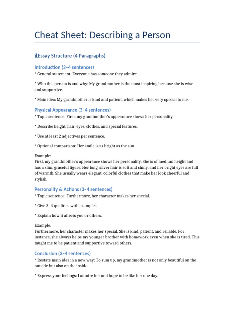 Describing a Person: A Cheat Sheet | PDF | Human Communication
