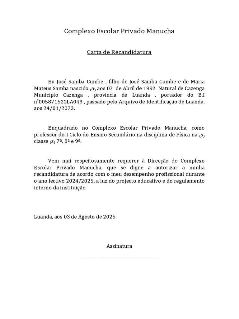 Carta de Recandidatura Professor Manucha | PDF