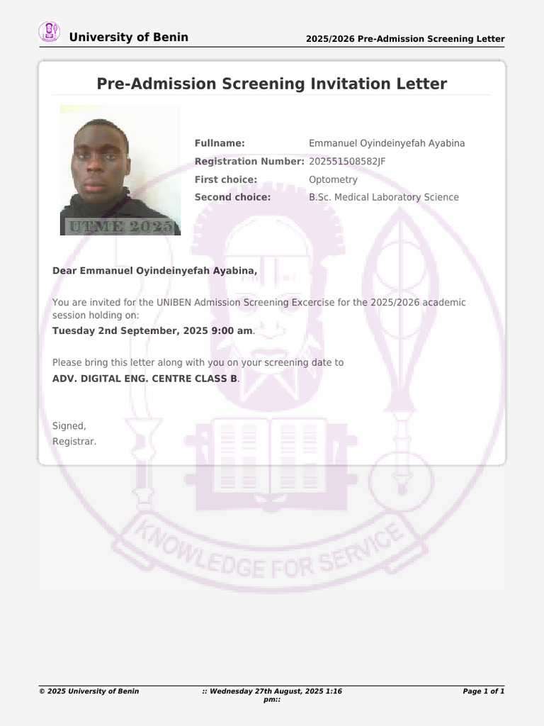 2025 - 2026 Pre-Admission Screening Letter Emmanuel | PDF