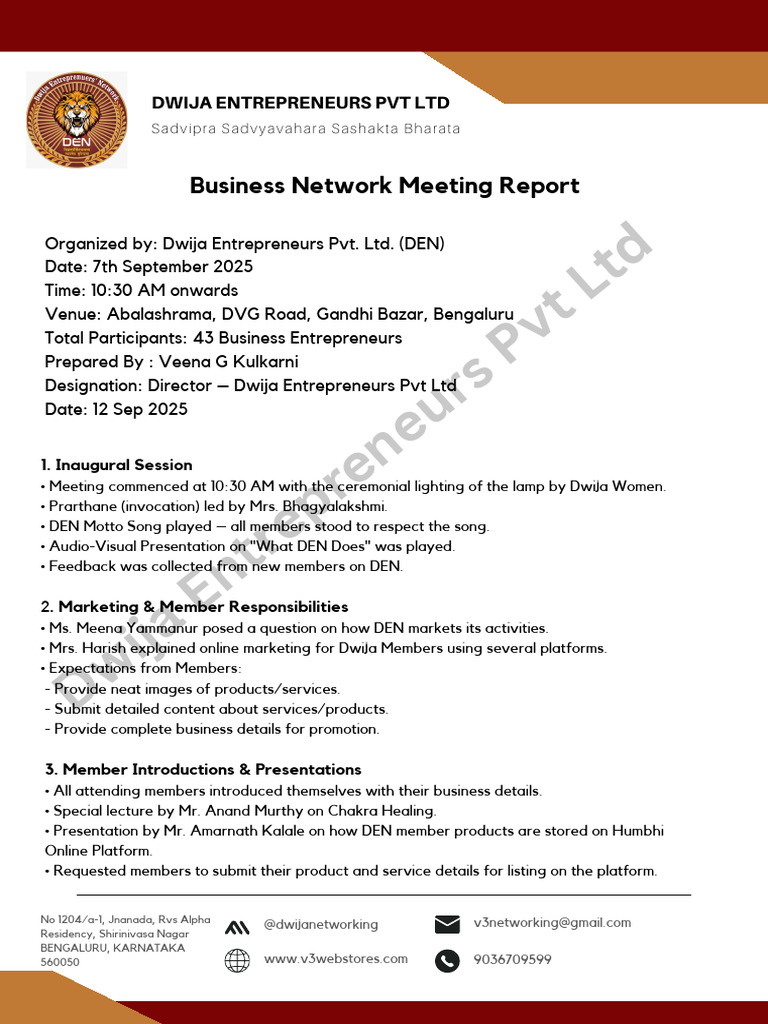 Dwija Entrepreneurs Meeting Summary | PDF