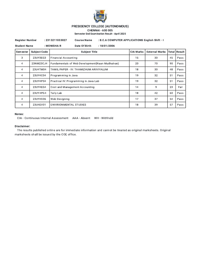 BCA Semester Exam Results April 2025 | PDF