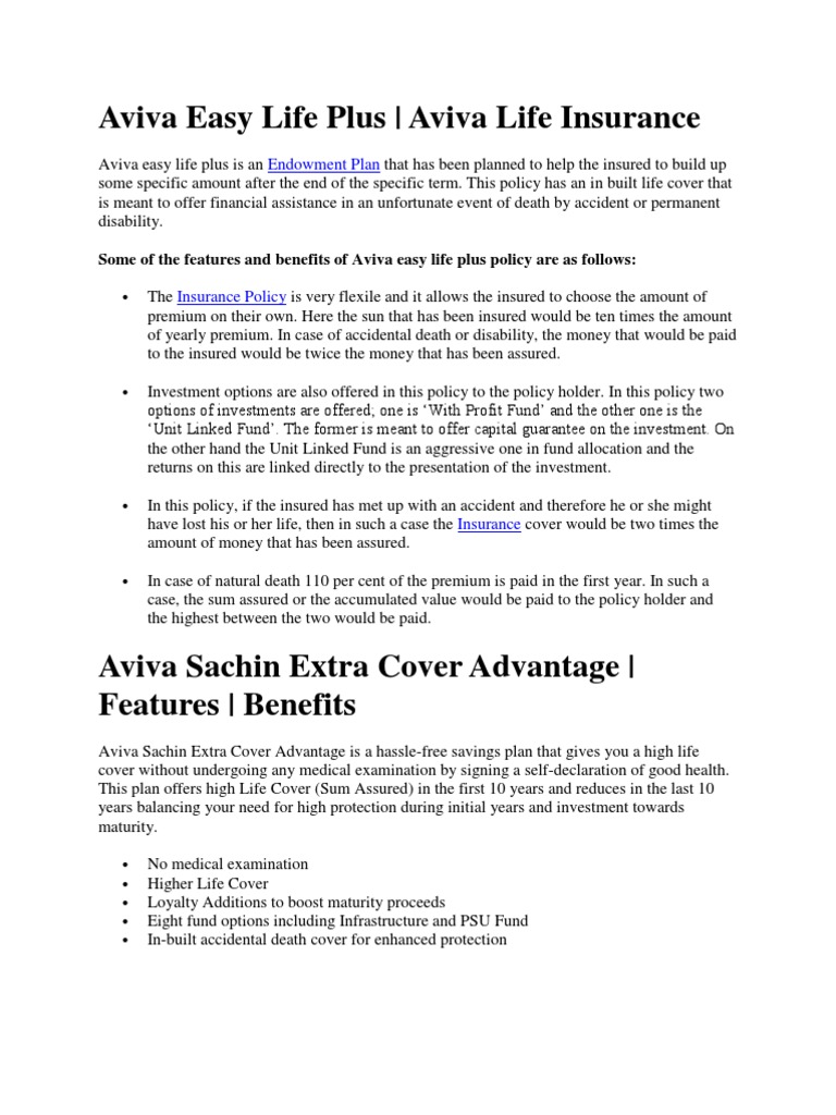 Aviva Easy Life Plus | Download Free PDF | Home Insurance | Life Insurance