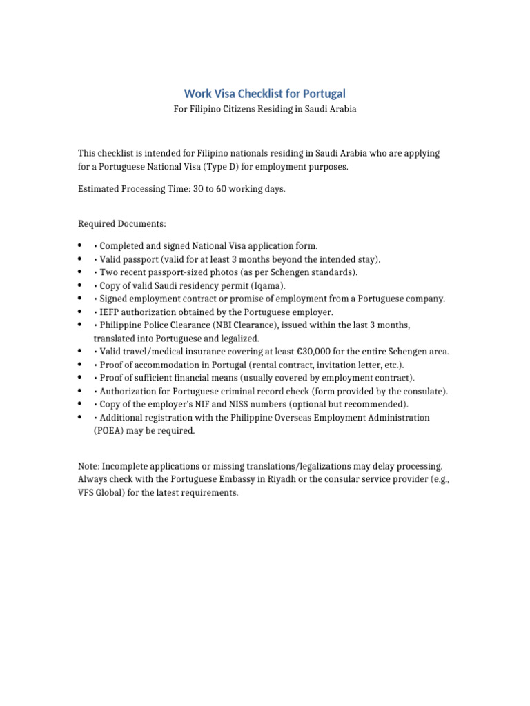 Portugal Work Visa Checklist for Filipinos | PDF