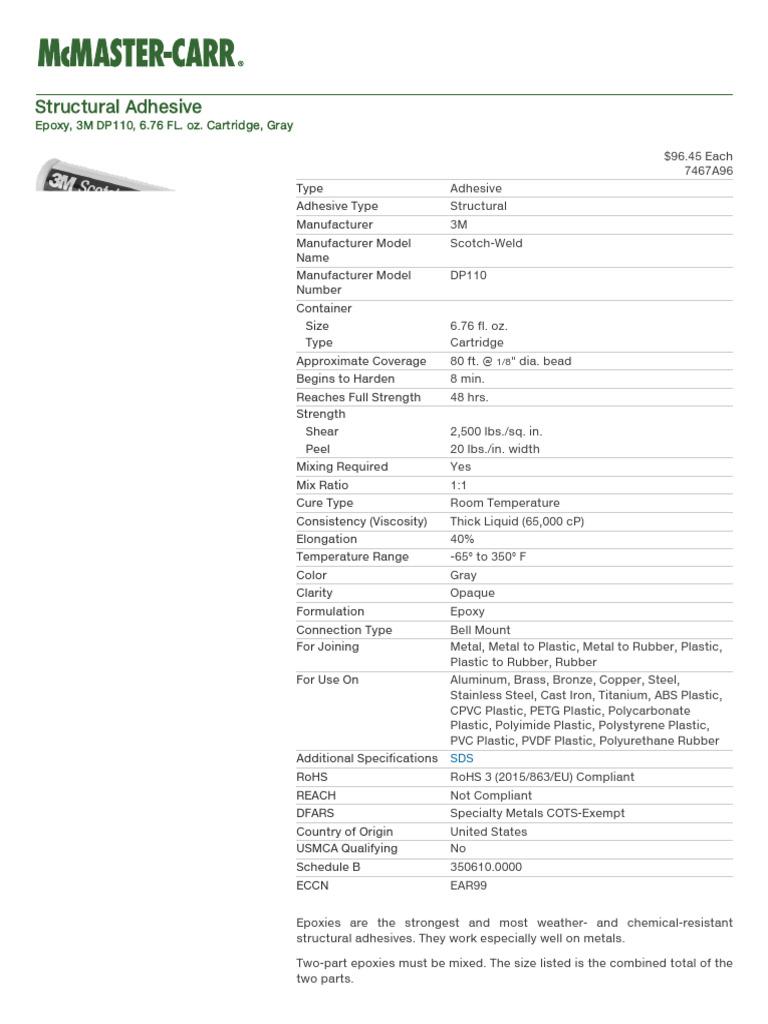 Structural Adhesive, Epoxy, 3M DP110, 6.76 FL. Oz. Cartridge, Gray ...