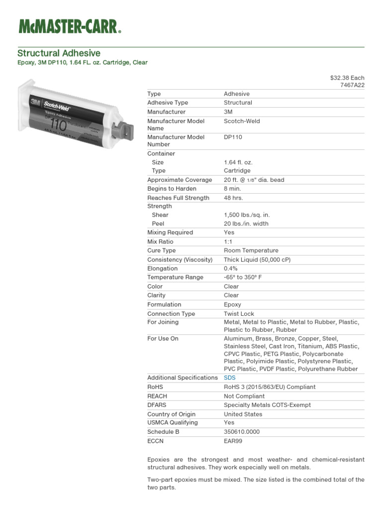 Structural Adhesive, Epoxy, 3M DP110, 1.64 FL. Oz. Cartridge, Clear ...