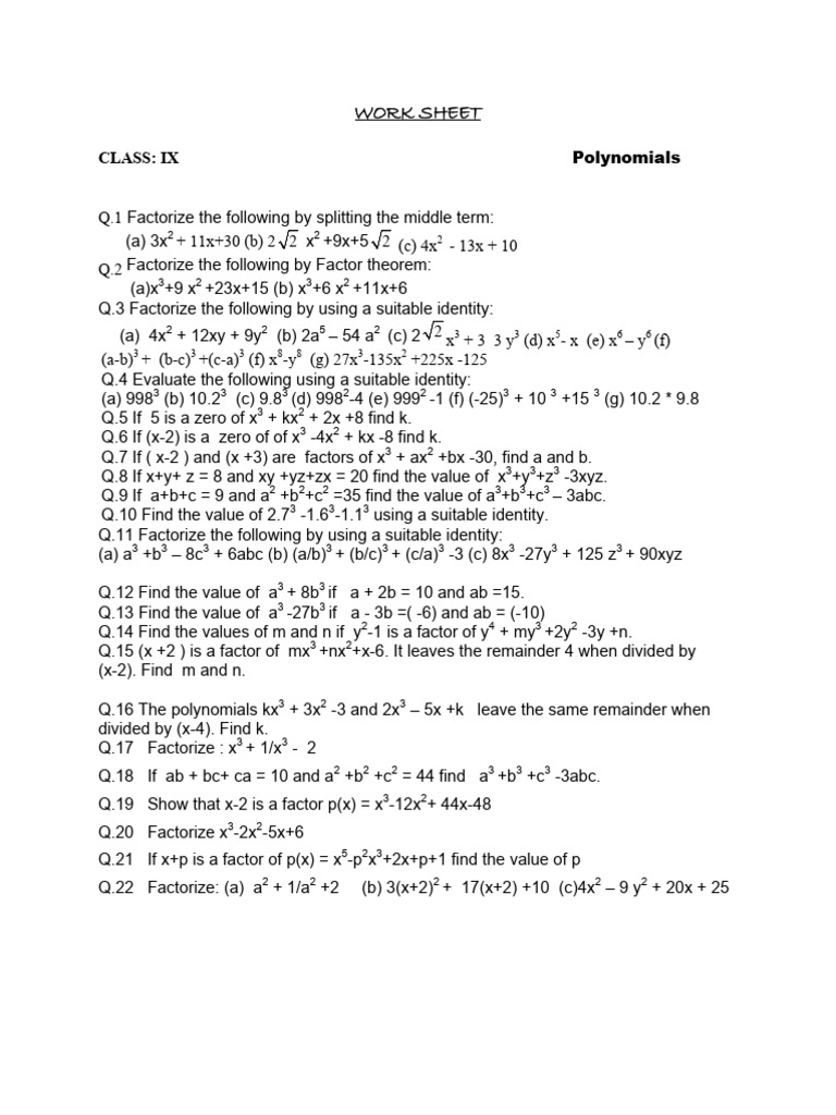 Polynomials Factorization Worksheet IX | PDF