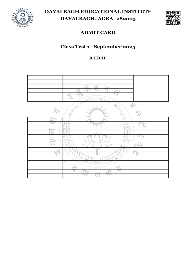 B.Tech Class Test 1 Admit Card 2025 | PDF
