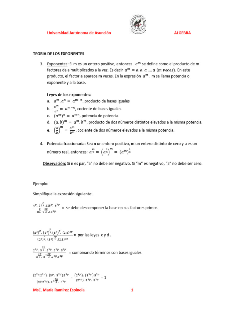Teoría y leyes de exponentes en álgebra | PDF | Exponenciación ...