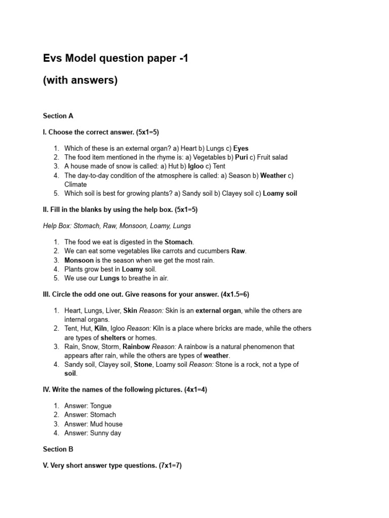 Evs Model Question Paper - 1 | PDF | Water | Taste