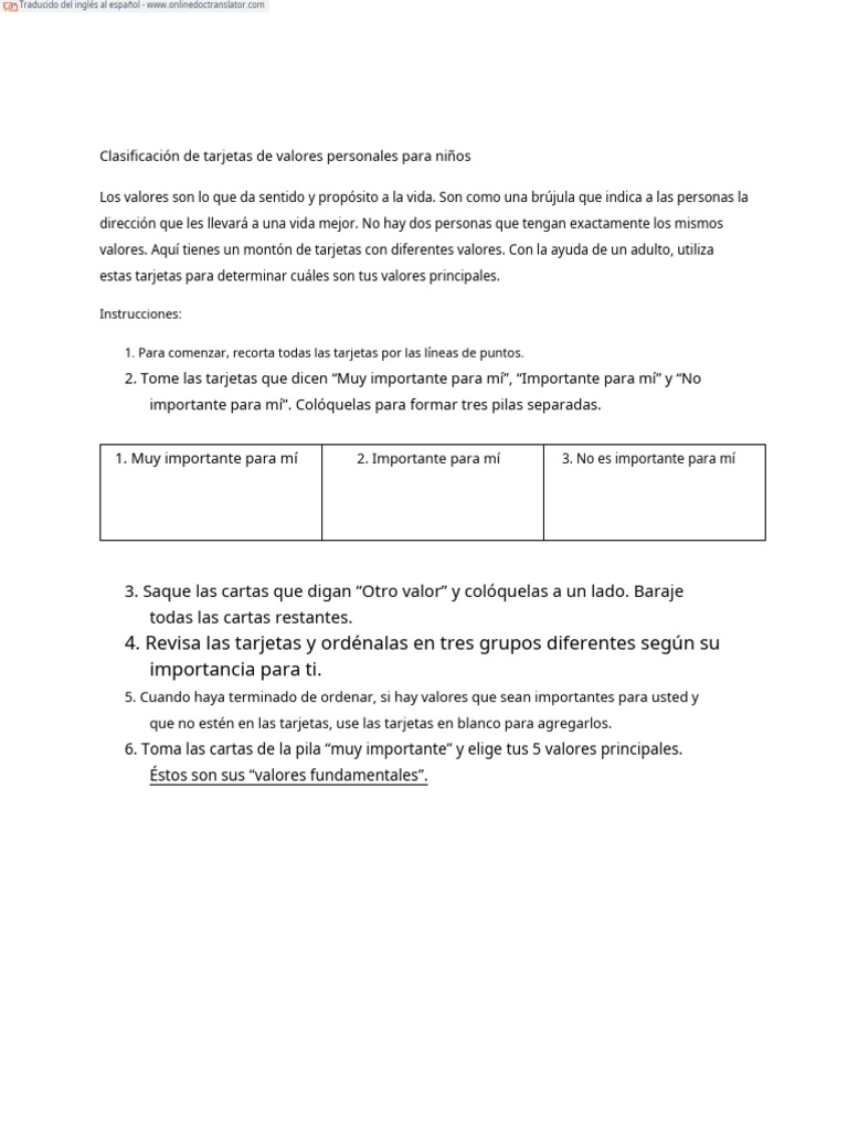 Values Card Sort For Kids - En.es | PDF