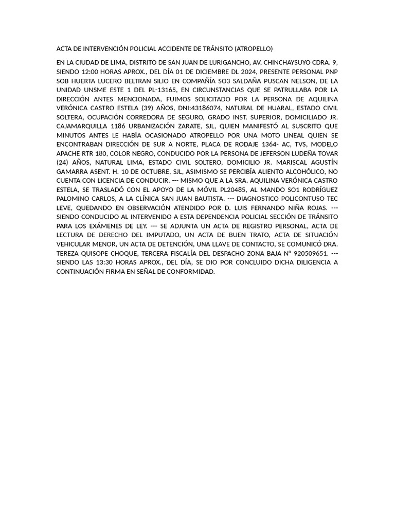 Acta de Intervención Policial Accidente de Tránsito | PDF