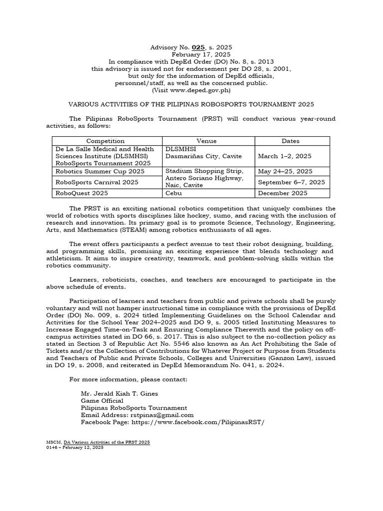 MSCM, DA Various Activities of The PRST 2025 0146 - February 12, 2025 | PDF