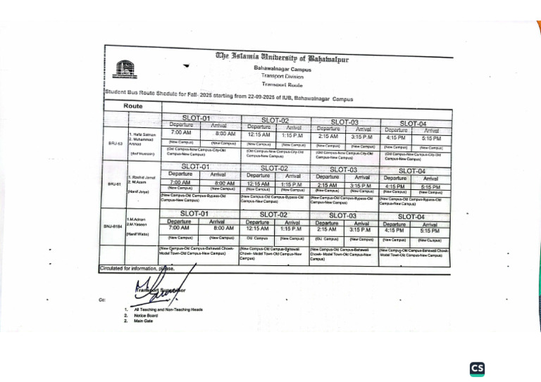 Transport Schedule for Fall-2025 IUB-BWN | PDF