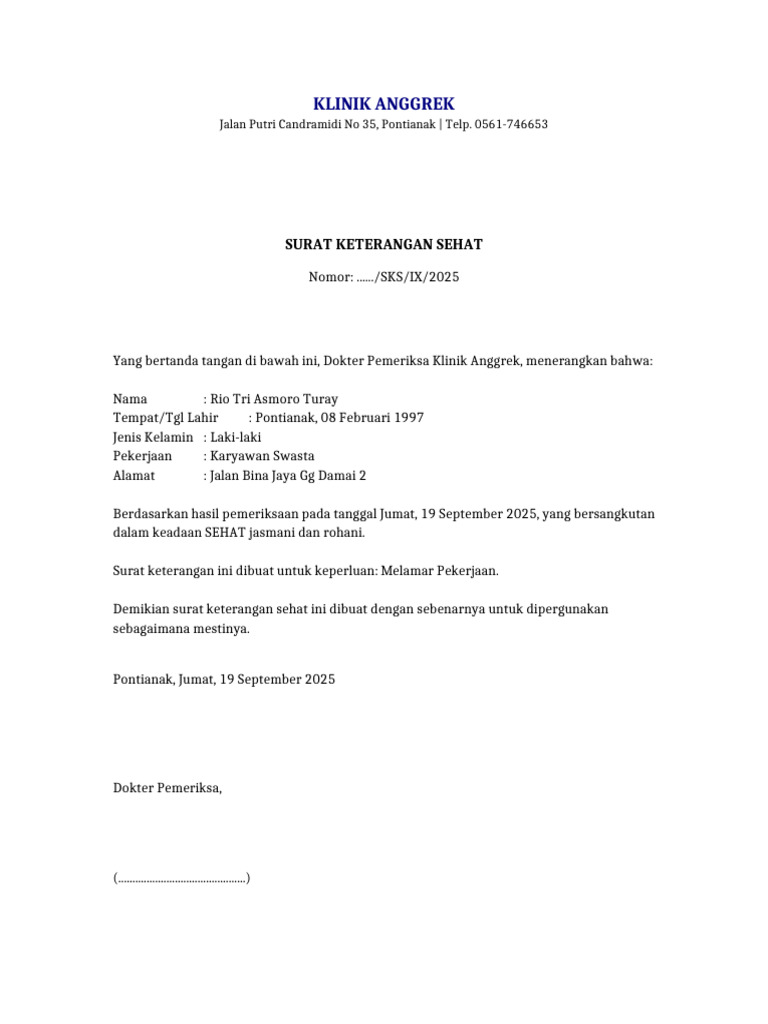 Surat Keterangan Sehat Klinik Anggrek | PDF