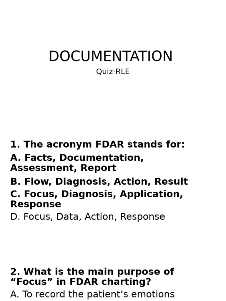FDAR Charting Quiz and Guidelines | PDF | Medical Diagnosis | Clinical ...