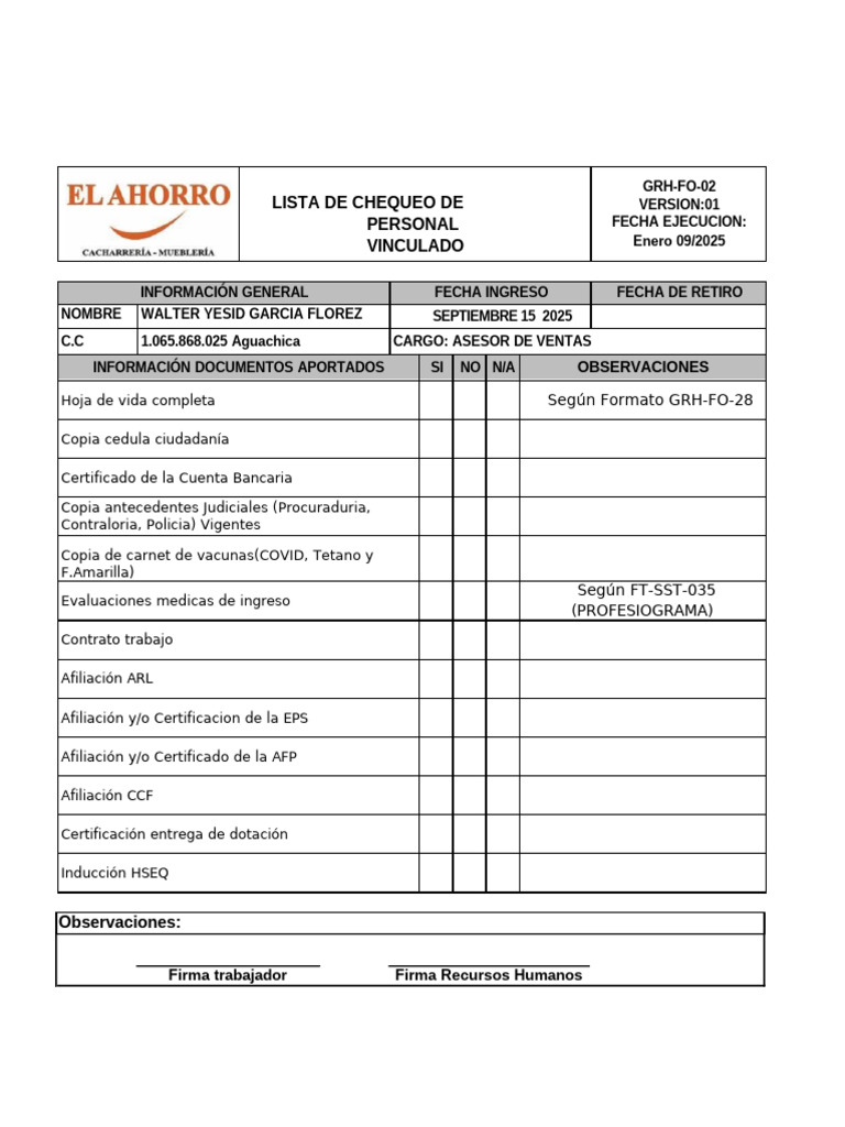 GRH-FO-02 Lista de Chequeo Personal Vinculado | PDF