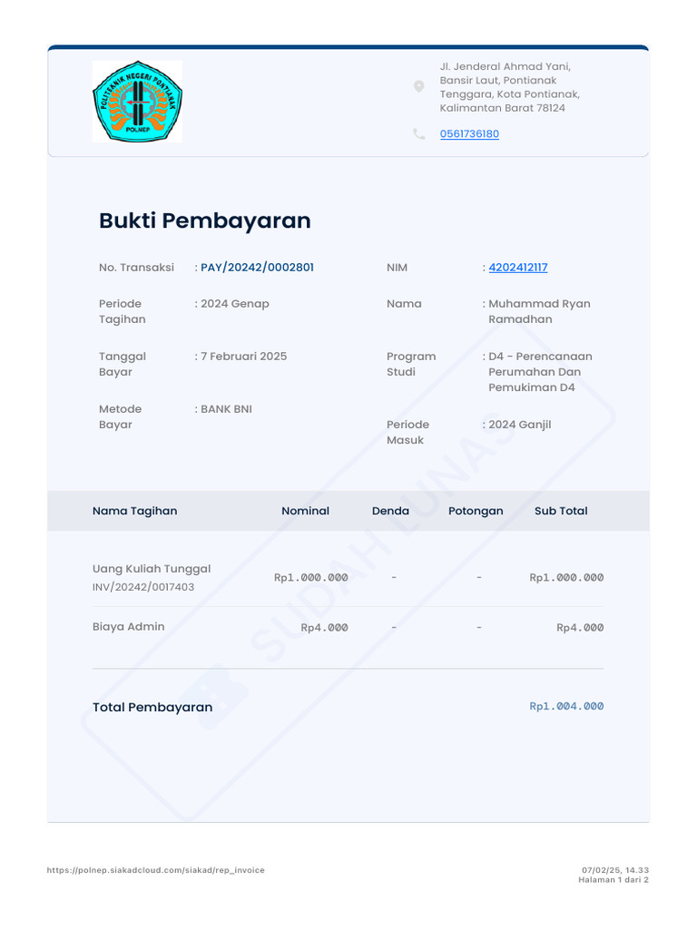 Bukti Pembayaran Ukt Muhammad Ryan Ramadhan | PDF