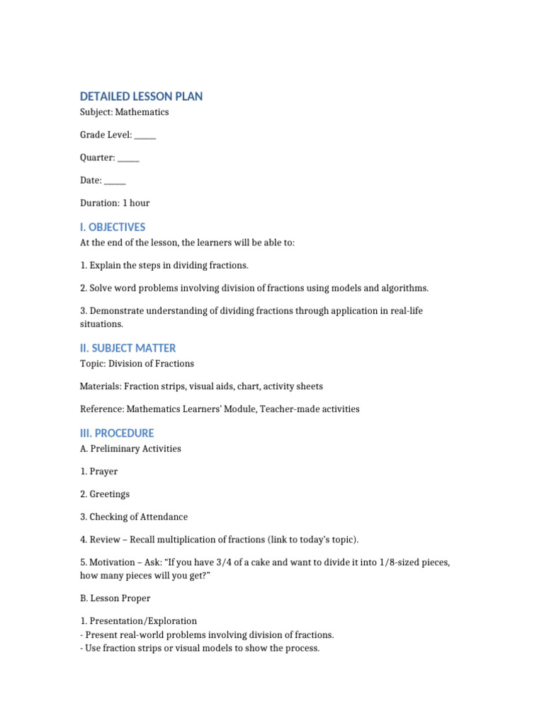 5th Grade Dividing Fractions Lesson Plan | PDF