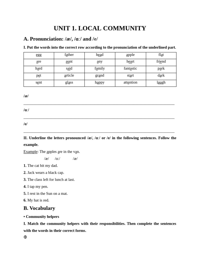 Unit 1. Local Community: A. Pronunciation: /æ/, /ɑ / and | PDF