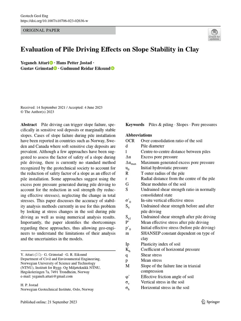 Evaluation of Pile Driving Effects On Slope Stability in Clay YAGANEH ...