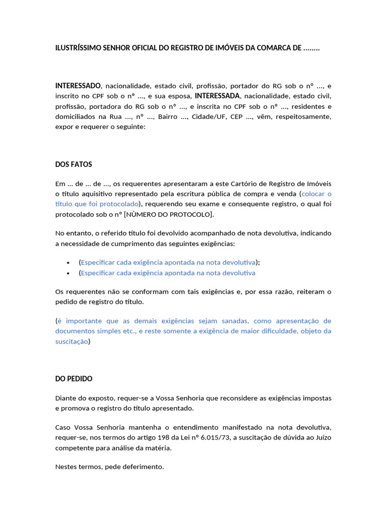 MODELO - Requerimento de Suscitação de Dúvida | PDF