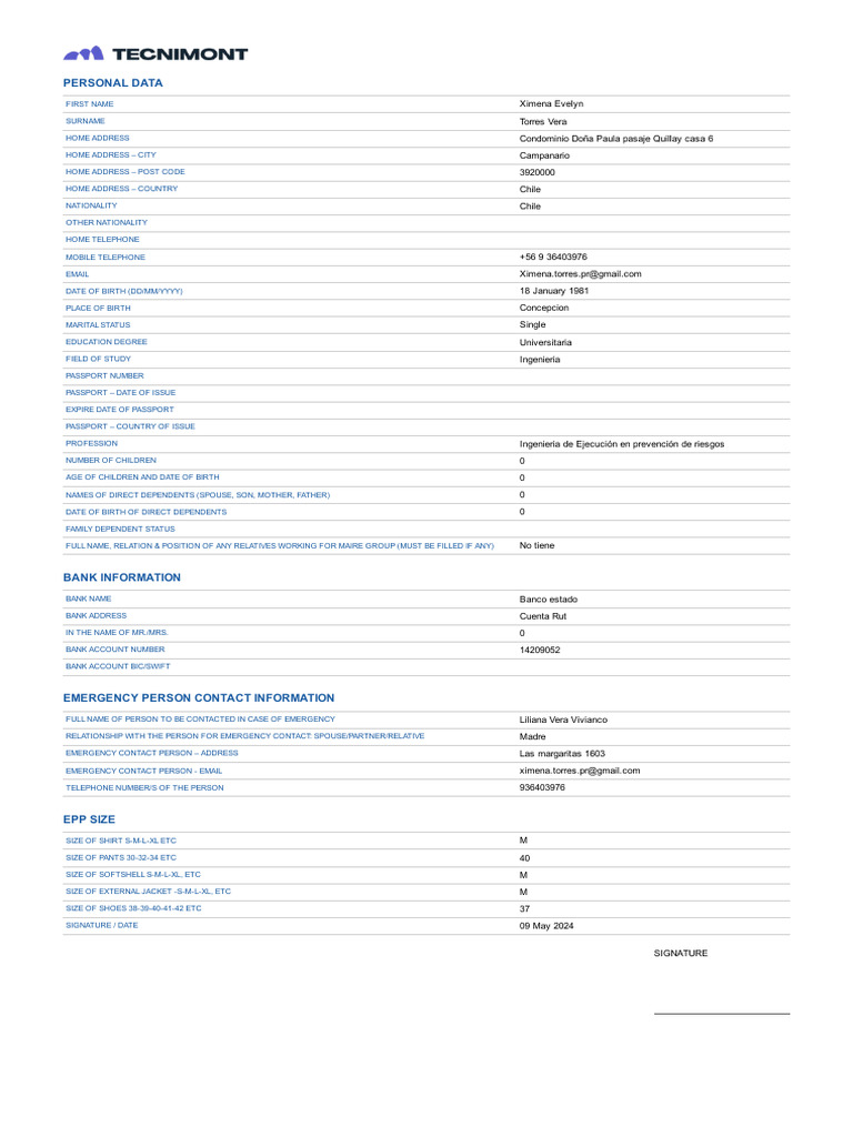 Personal Data of Ximena Torres Vera | PDF