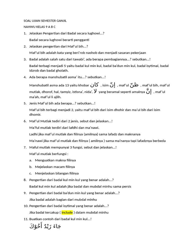 Soal Ujian Nahwu Kelas 9: Badal & Maf'ul Bih | PDF