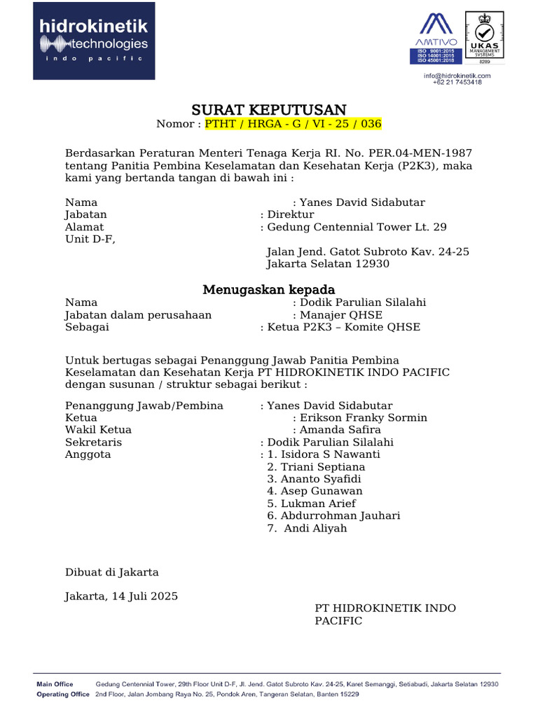 Contoh Surat Keputusan P2K3 | PDF