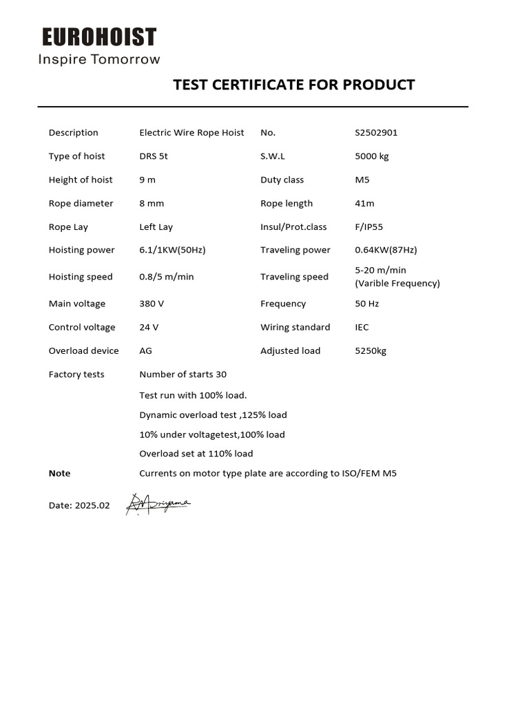 Electric Wire Rope Hoist Test Certificate | PDF