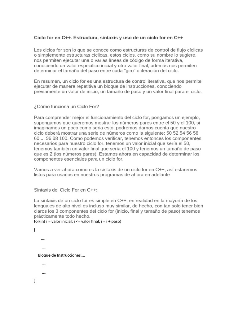 Ciclo For en C++: Estructura y Sintaxis | PDF