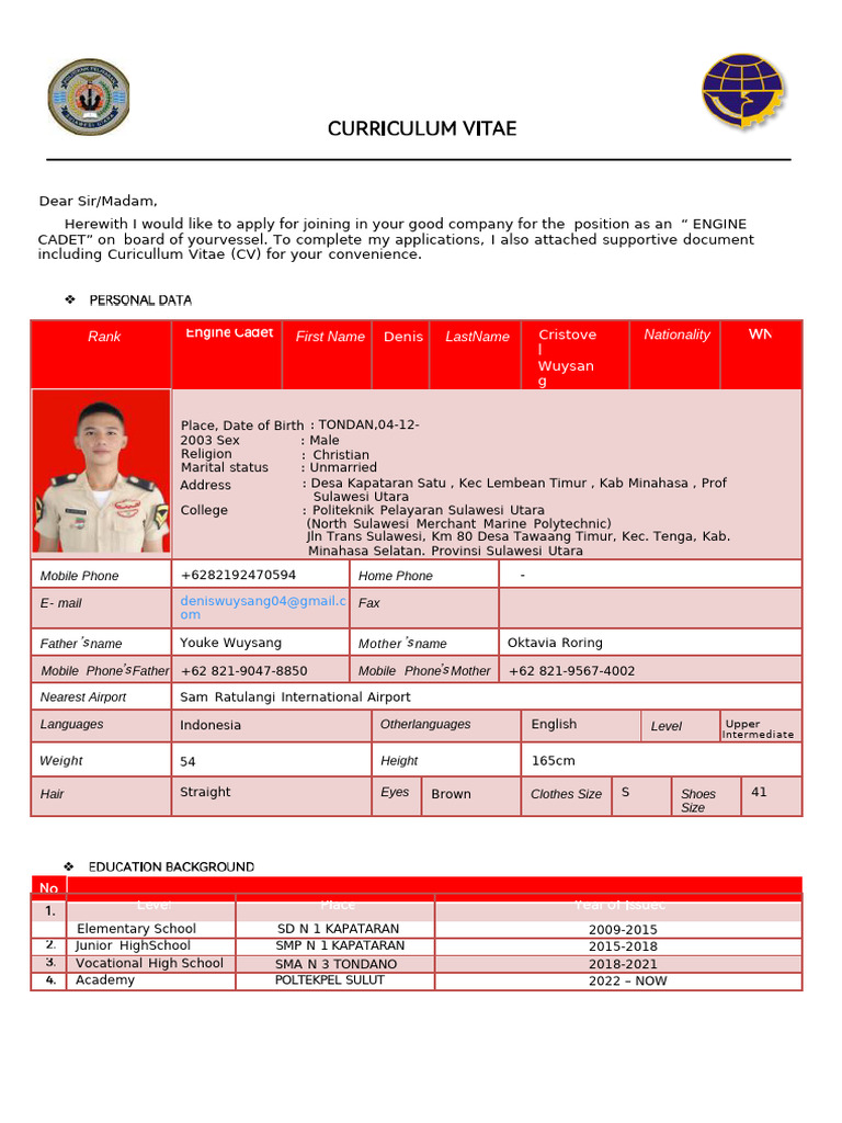 Cv-Cadet Engine-Denis Cristovel Wuysang (1) 1 | PDF | Shipping ...