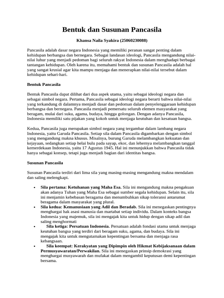 Essay Bentuk Dan Susunan Pancasila Khansa Naila Syakira | PDF
