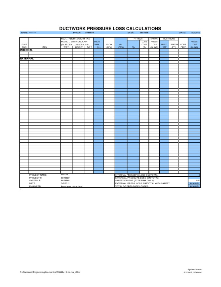 Duct Static Pressure Calc Sheet