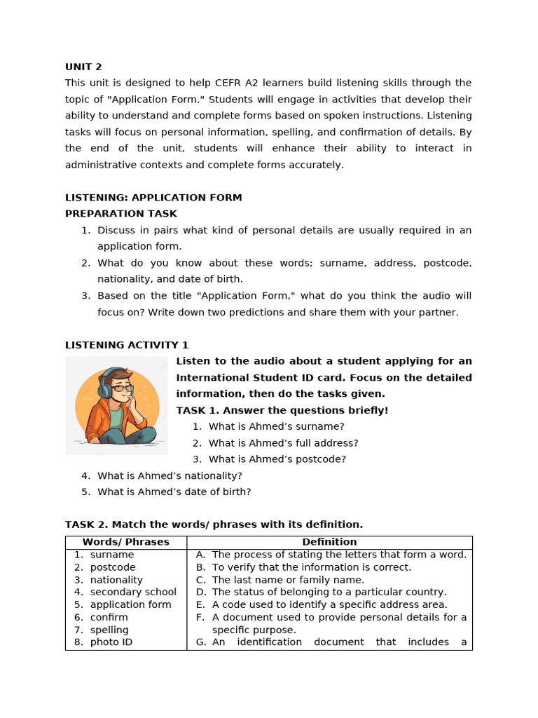 Listening Skills: Application Forms A2 | PDF | Information | Identity ...