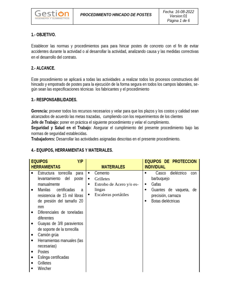 Procedimiento para Hincado de Postes | PDF
