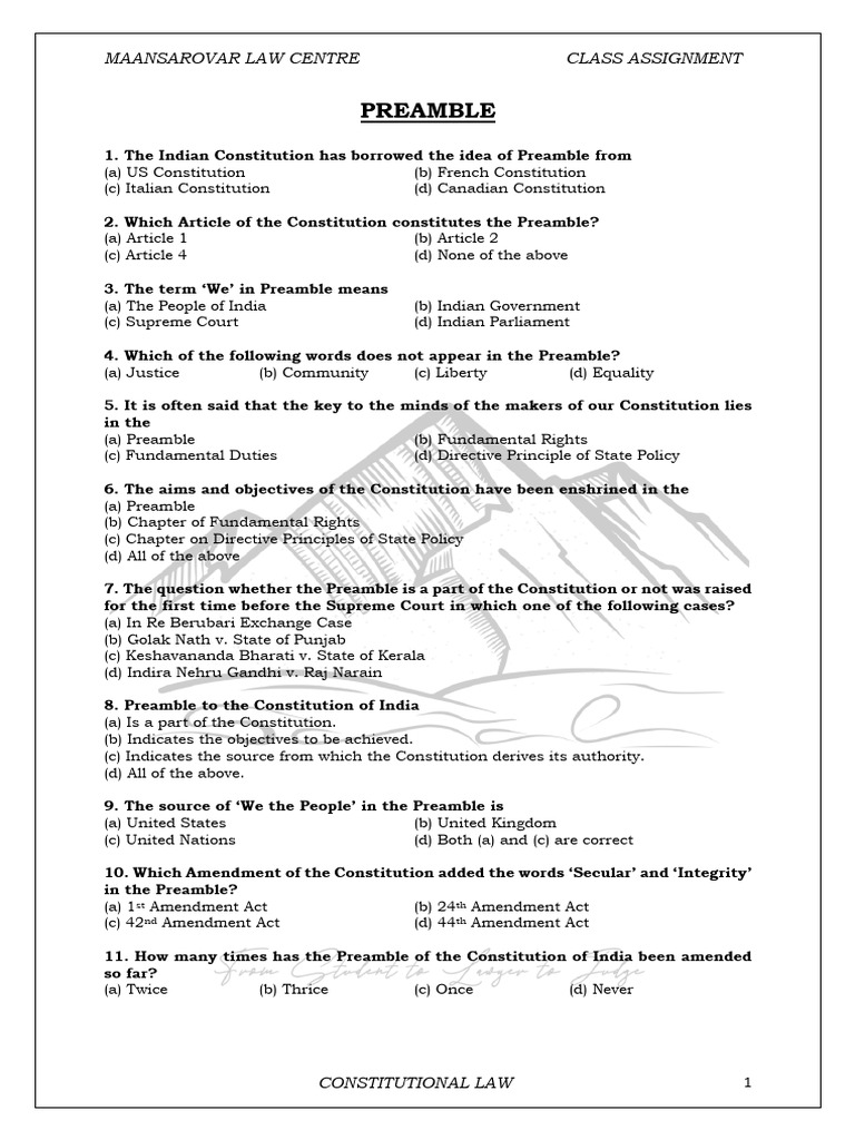 Indian Constitution Preamble Quiz | PDF | Political Science | Political ...