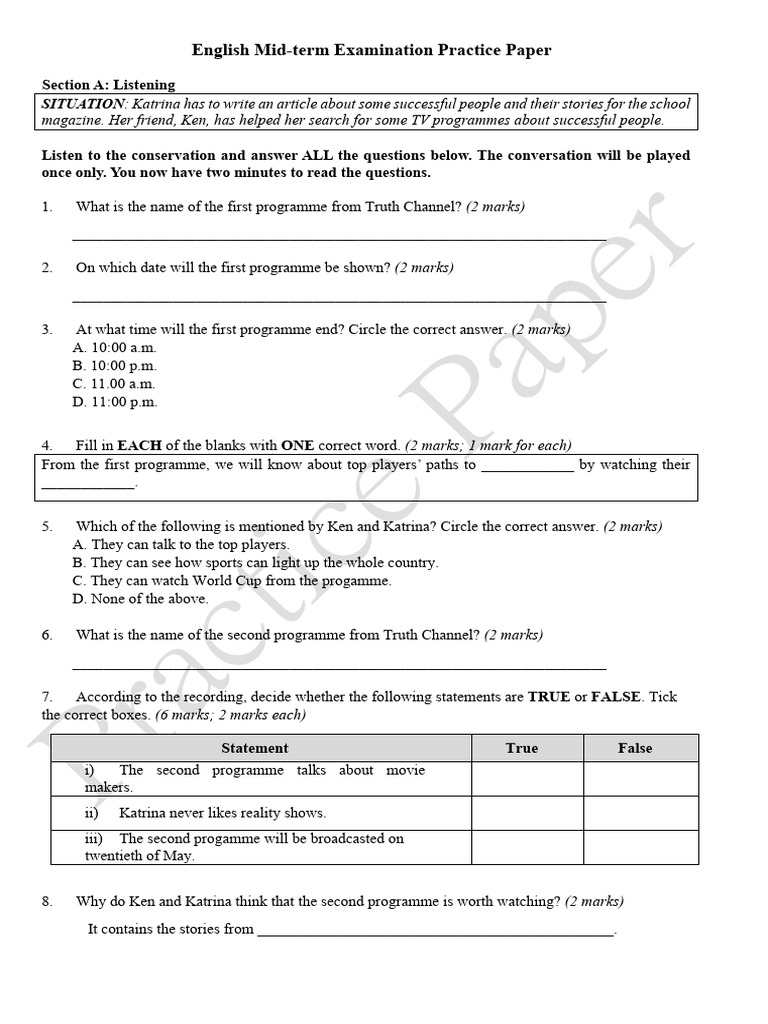 English Mid-term Exam Practice Paper | PDF | Instant Messaging ...