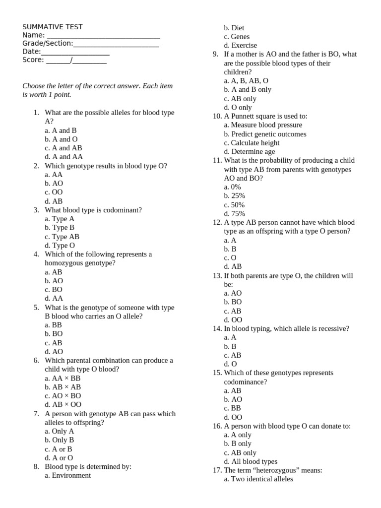 Summative Test Grade 9 Week 4 | PDF | Genotype | Dominance (Genetics)
