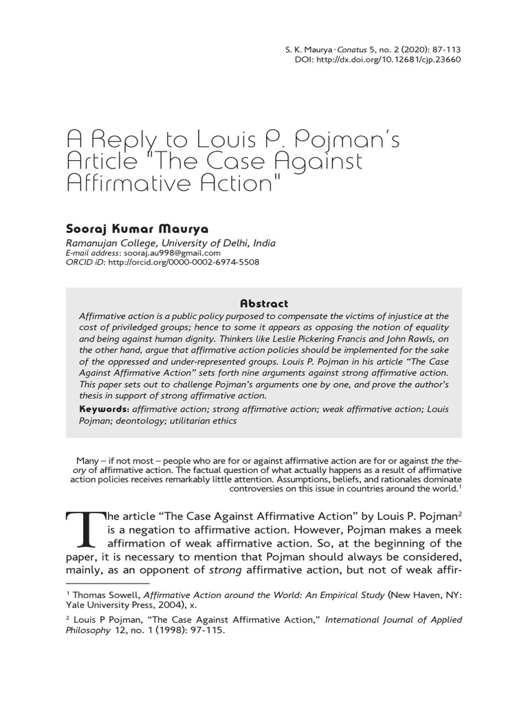 A Reply To Louis P. Pojman's Article "The Case Against Affirmative ...
