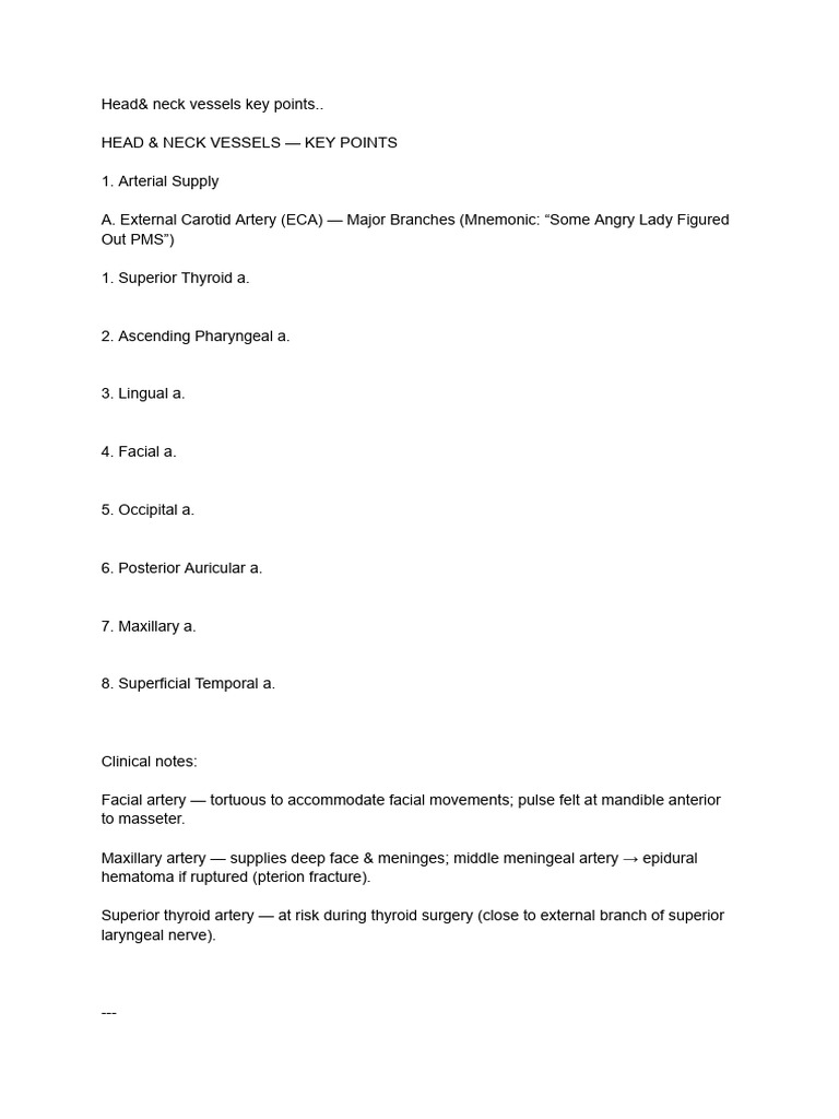 Key Points on Head & Neck Vessels | PDF | Common Carotid Artery | Vein