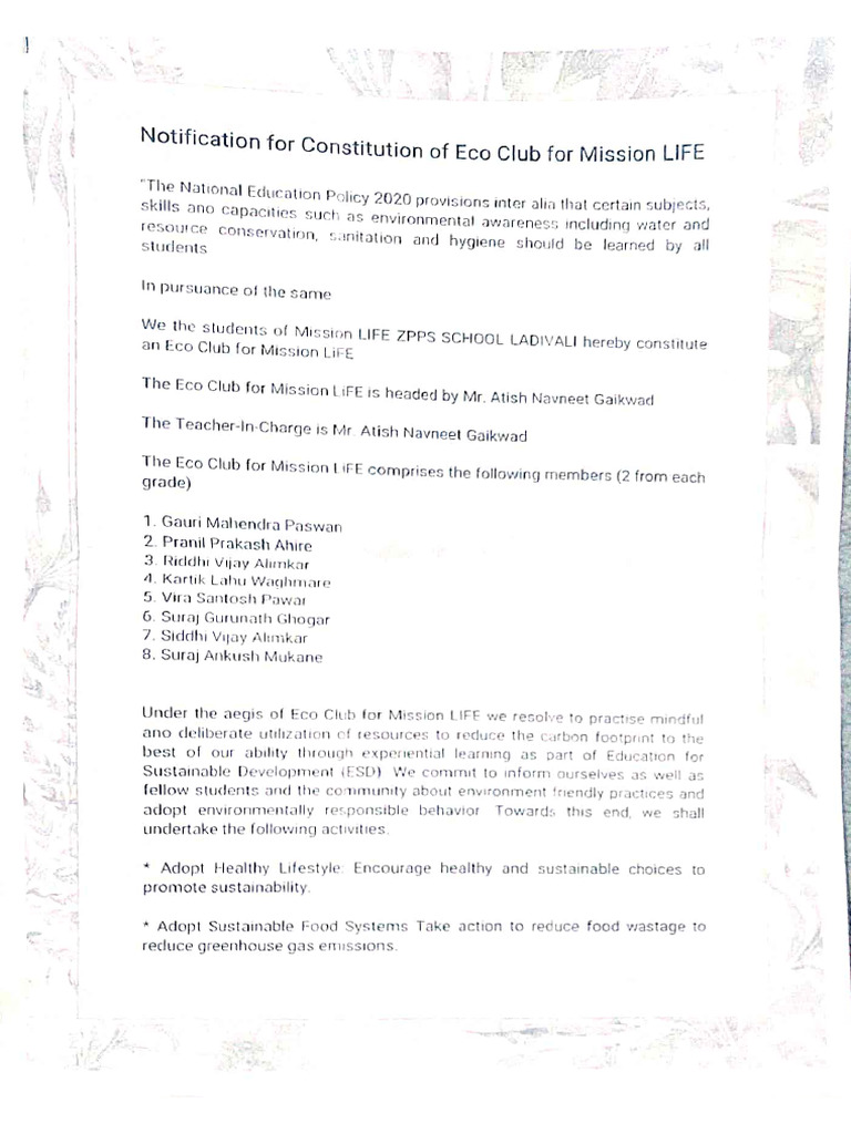 Notification For Constitution of Eco Club For Mission LiFE | PDF