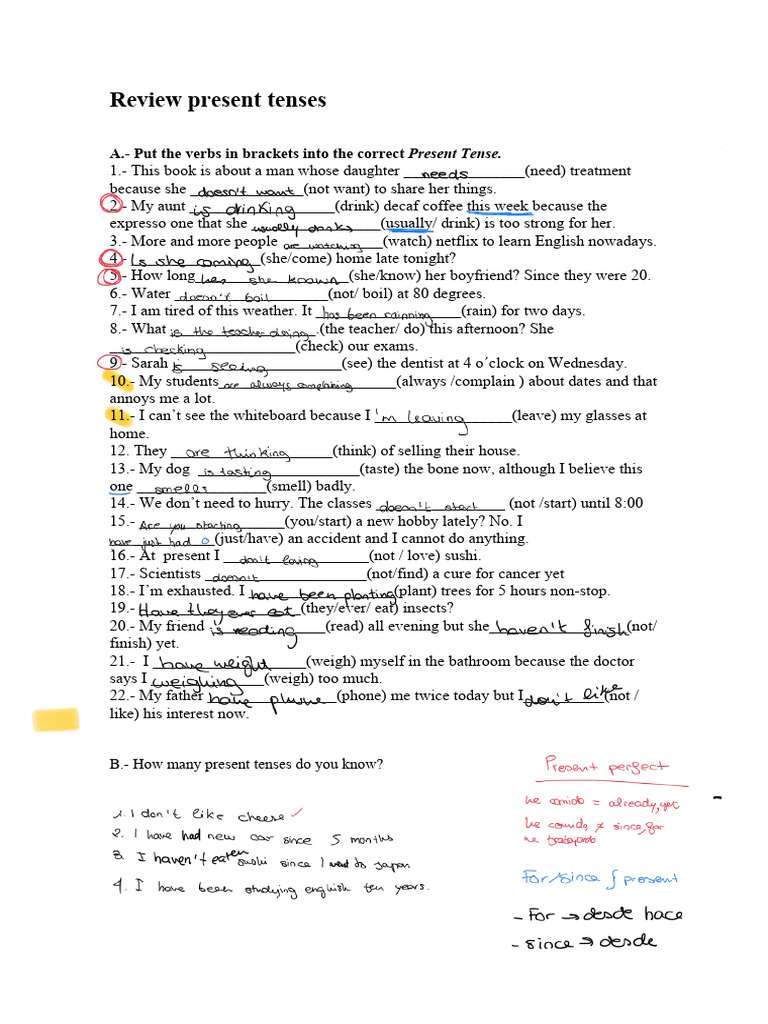 Review Present Tenses 1º Bat | PDF