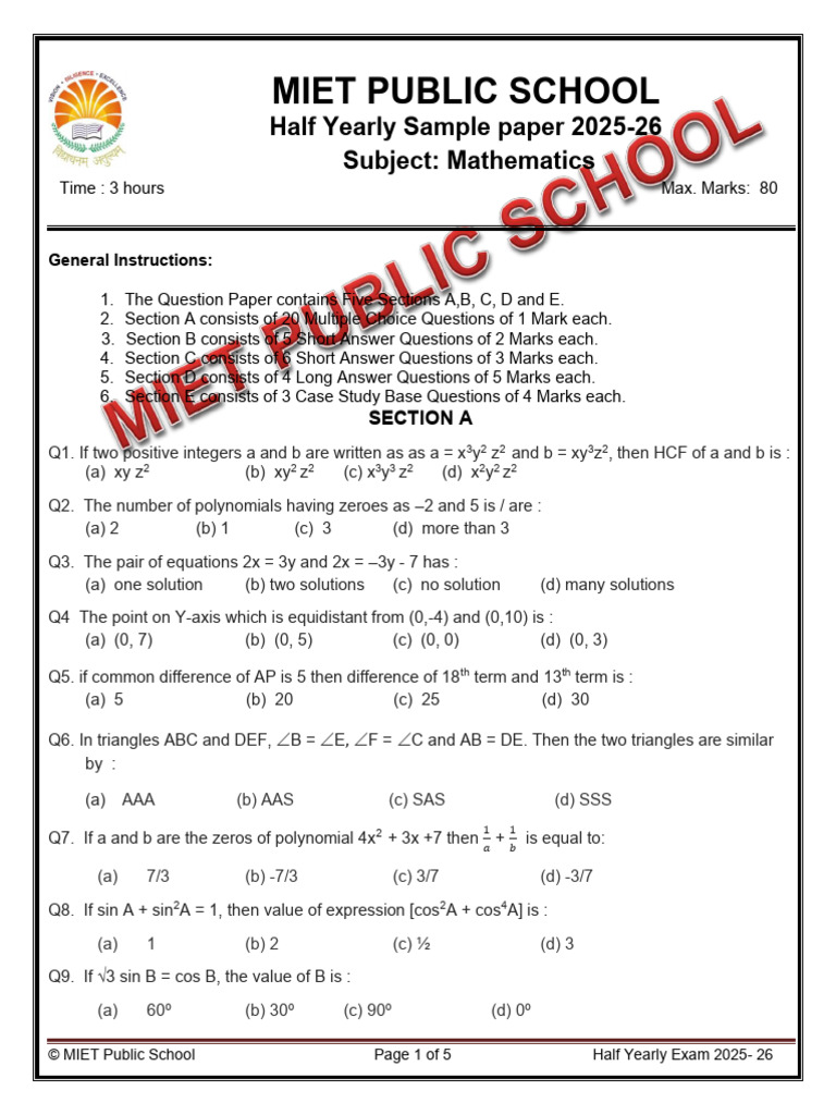 Maths Class X 25-26 Halfyearly-Sample Paper1-3 | PDF | Numbers | Arithmetic