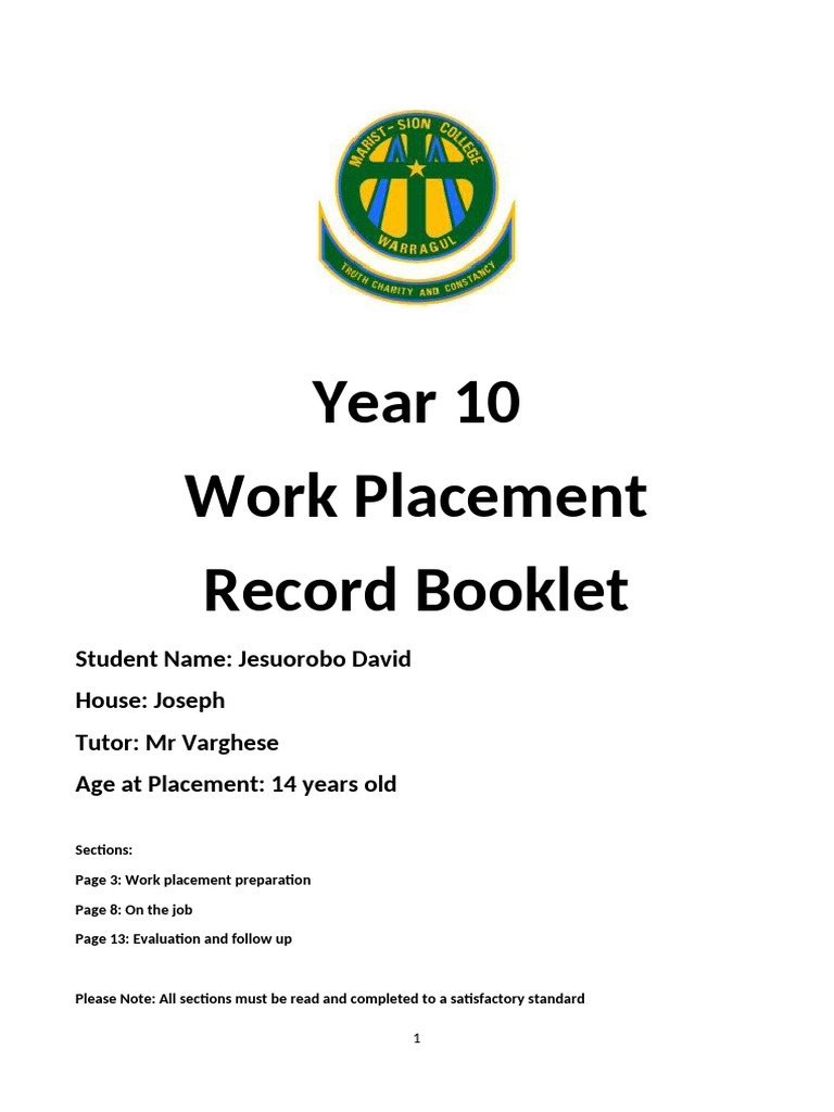 Year 10 Work Placement Record Book | PDF | Employment | Occupational ...