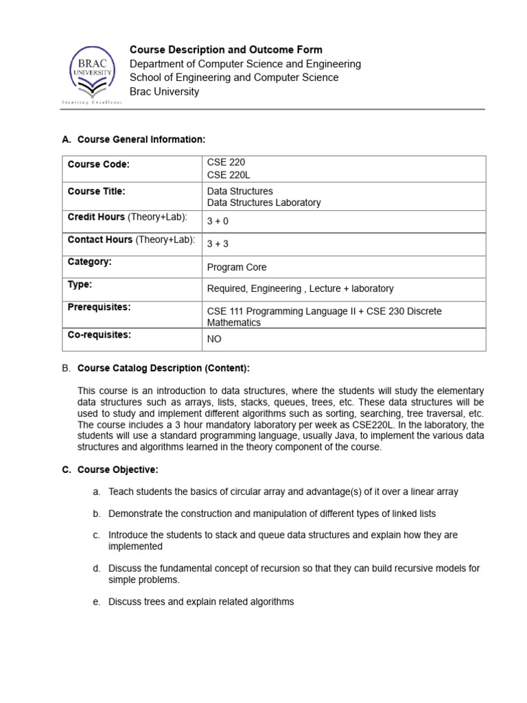 CSE220 Data Structures - Course Description and Outcome Form | PDF ...