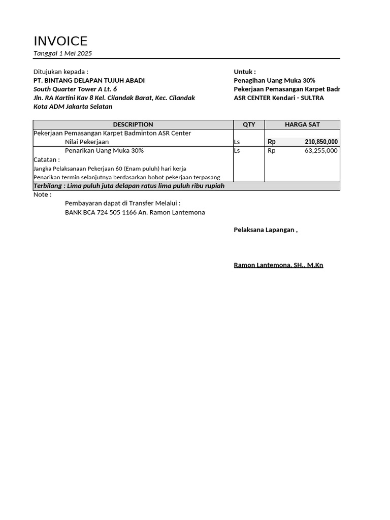 Invoice Pemasangan Karpet Badminton | PDF